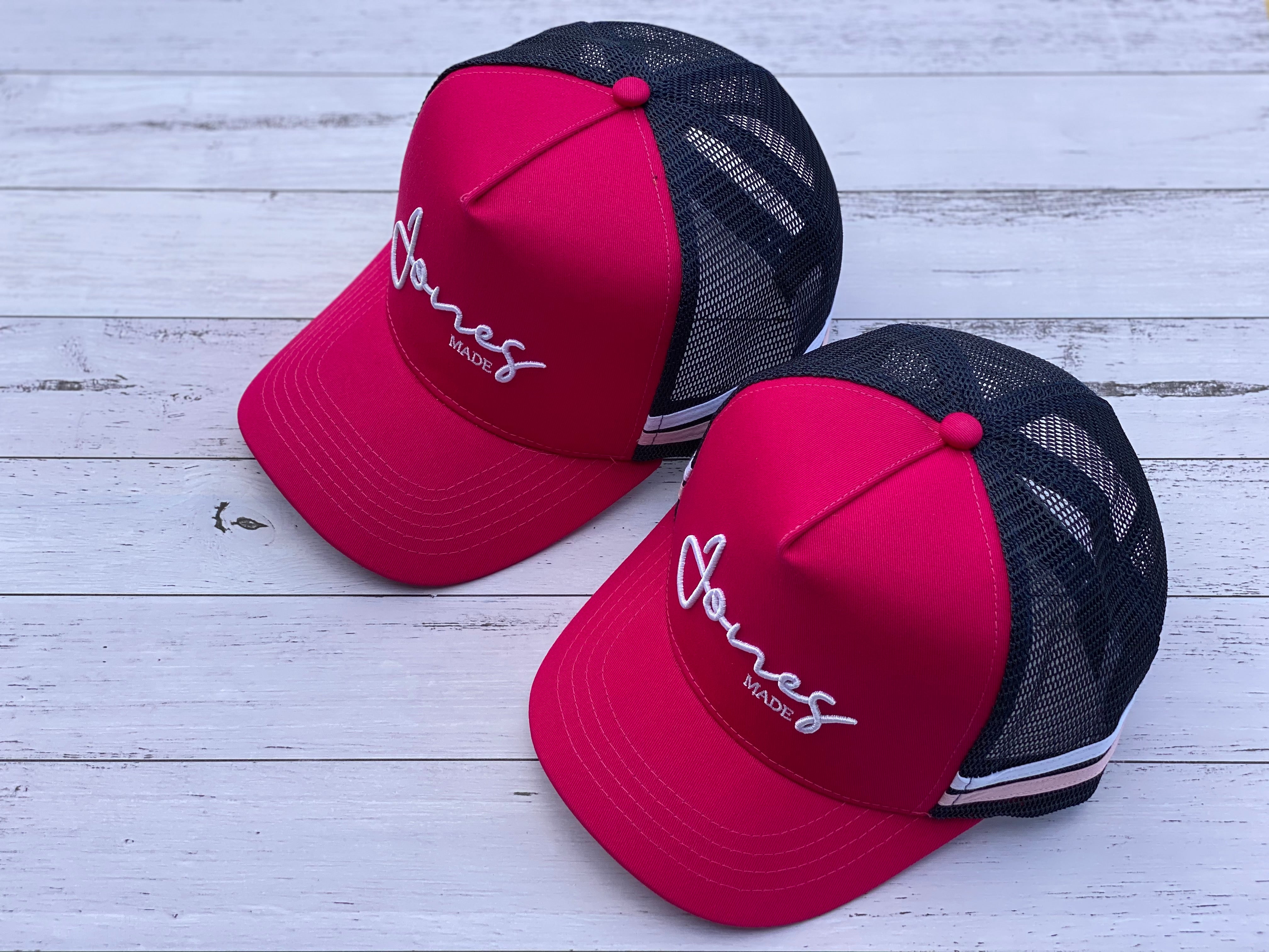 Hot pink and navy high profile trucker cap – Jones Made